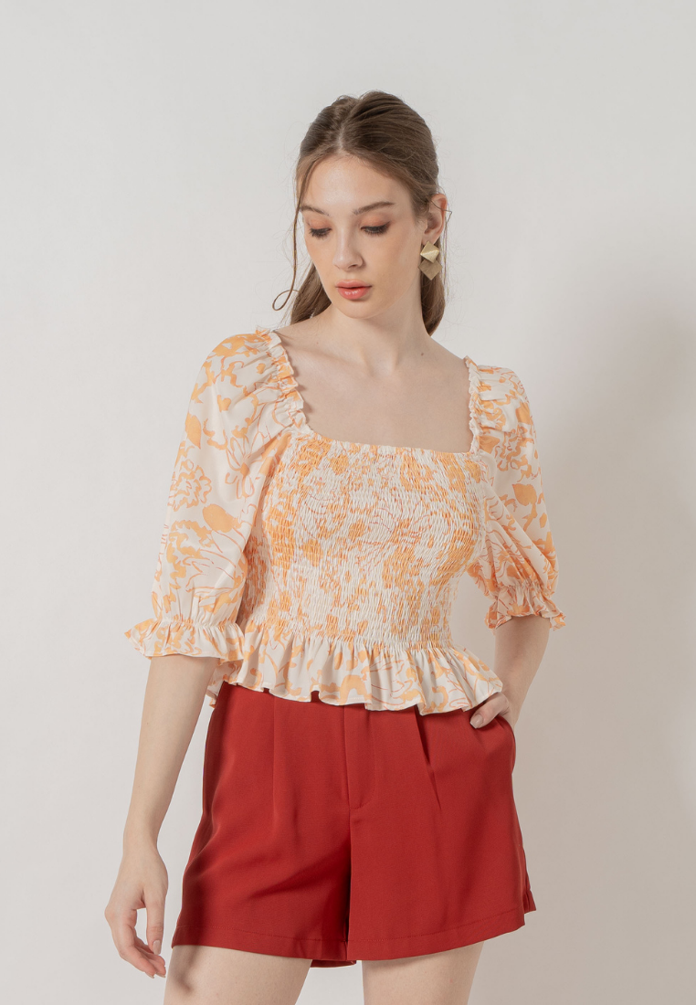 Love Knot Label | Bronwyn Puffed Sleeves Floral Ruched Top (Yellow)