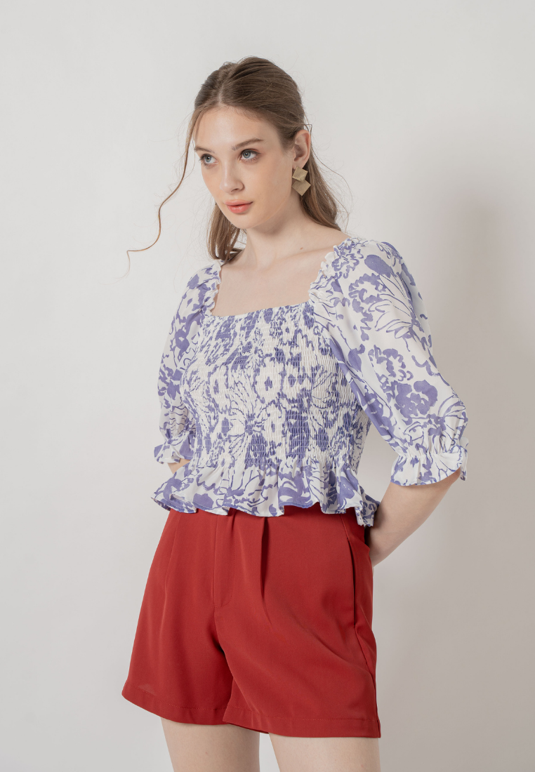 Love Knot Label | Bronwyn Puffed Sleeves Floral Ruched Top (Blue)